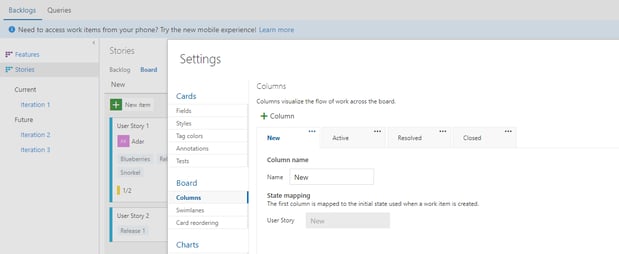 Changing columns on a VSTS sprint board